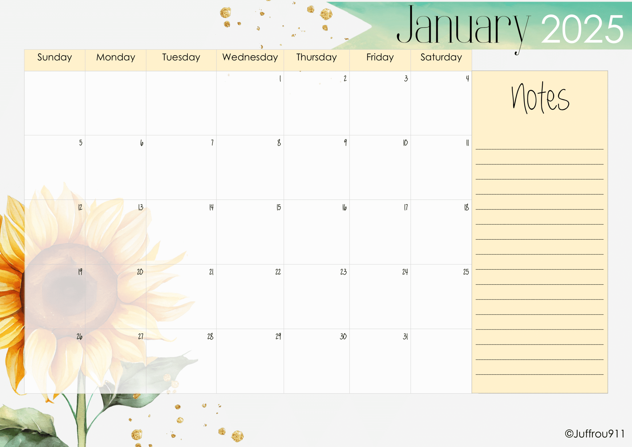 A3 Table calendar sunflower 2025 - Juffrou 911