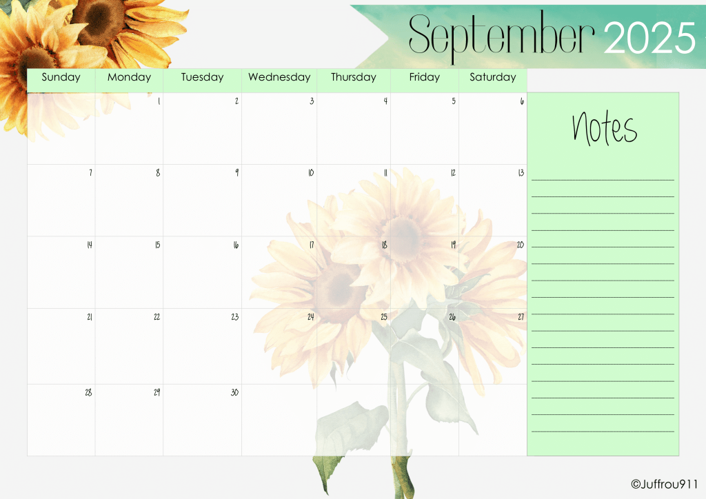 A3 Table calendar sunflower 2025 - Juffrou 911