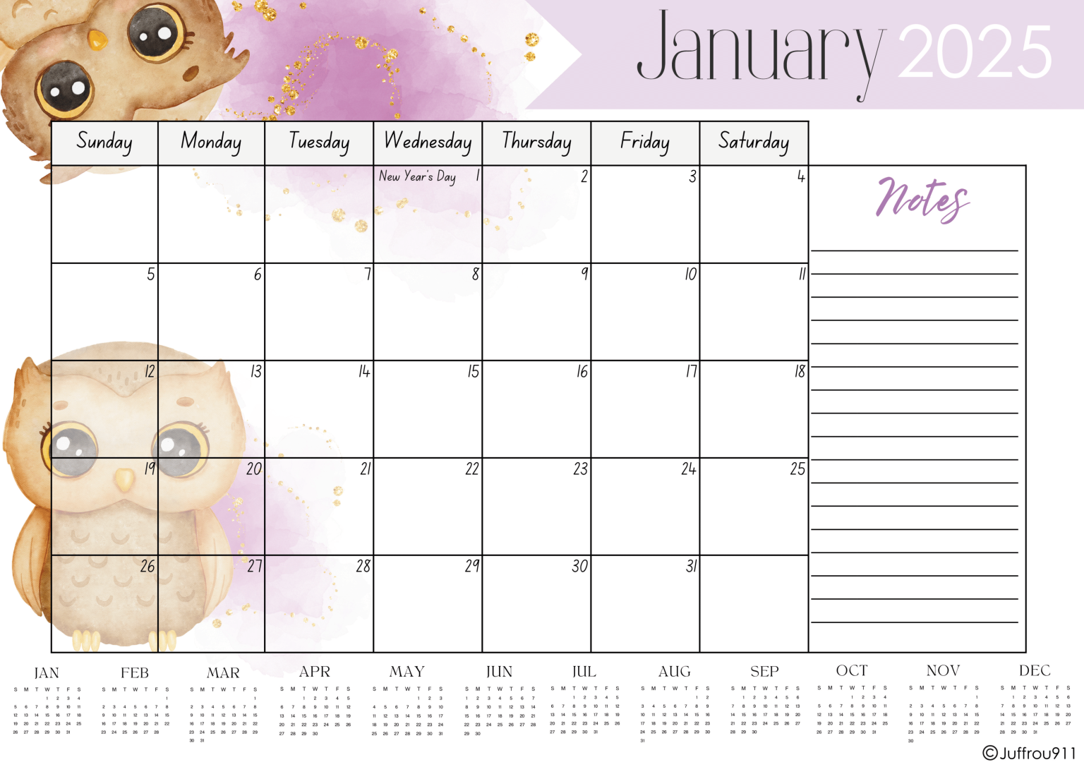 Owl Desk calendar A3 - 2025 - Juffrou 911