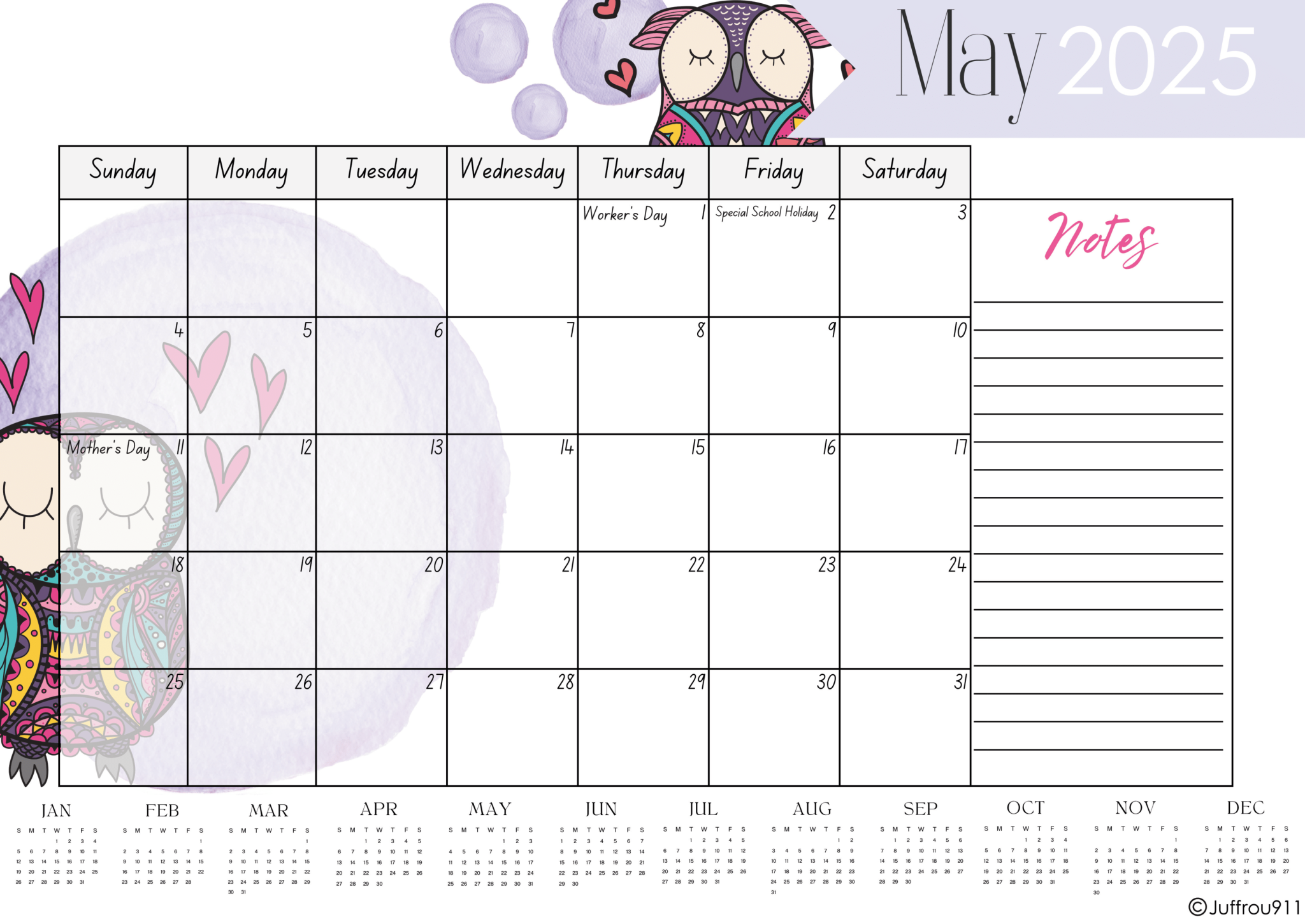 Owl Desk calendar A3 - 2025 - Juffrou 911