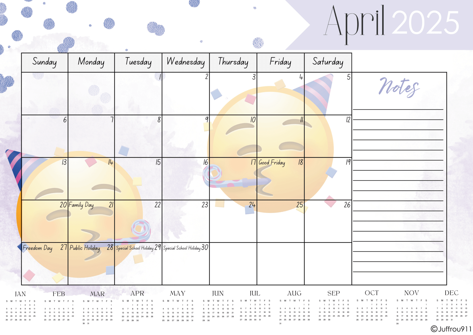 A3 Emoji desk calendar 2025 - Juffrou 911