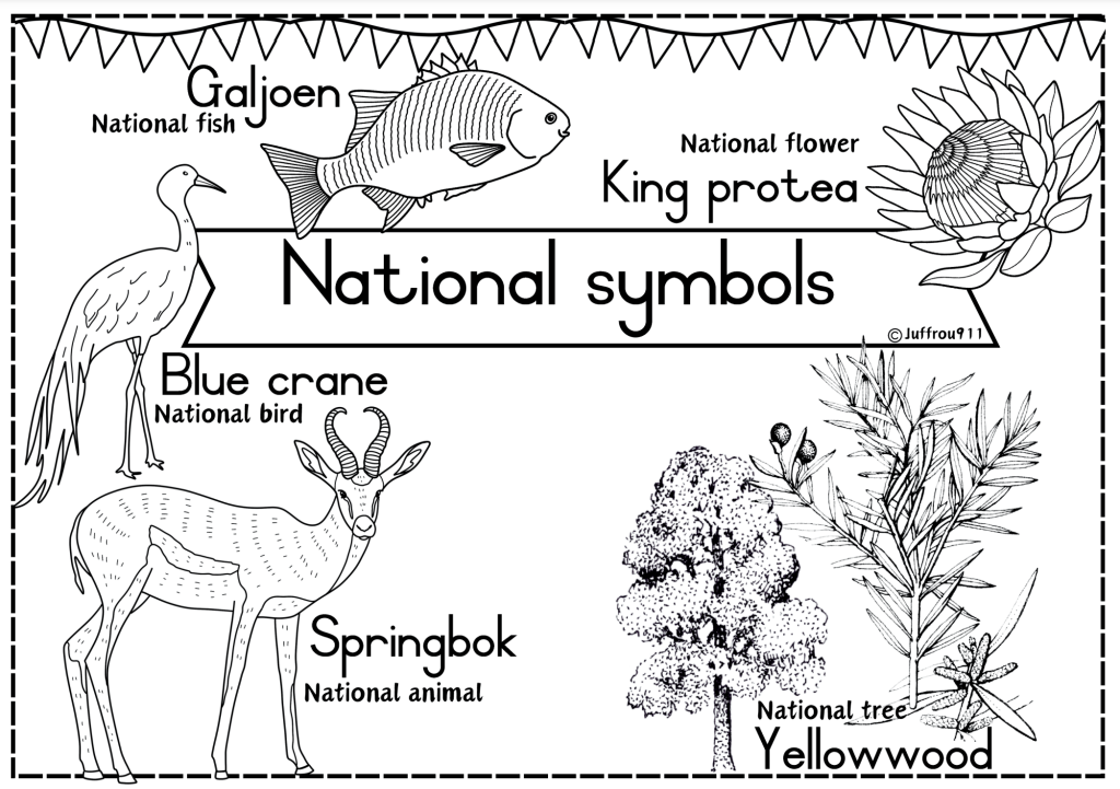 South Africa: National symbols, culture and flag A4 (Black & White ...