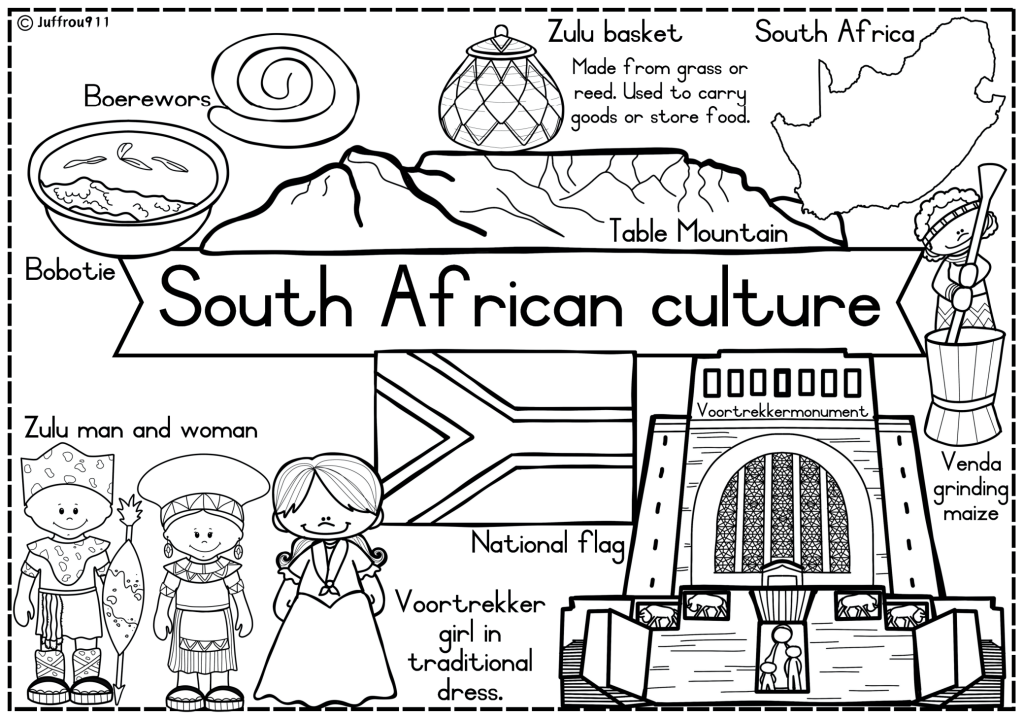 South Africa: National symbols, culture and flag A4 (Black & White ...