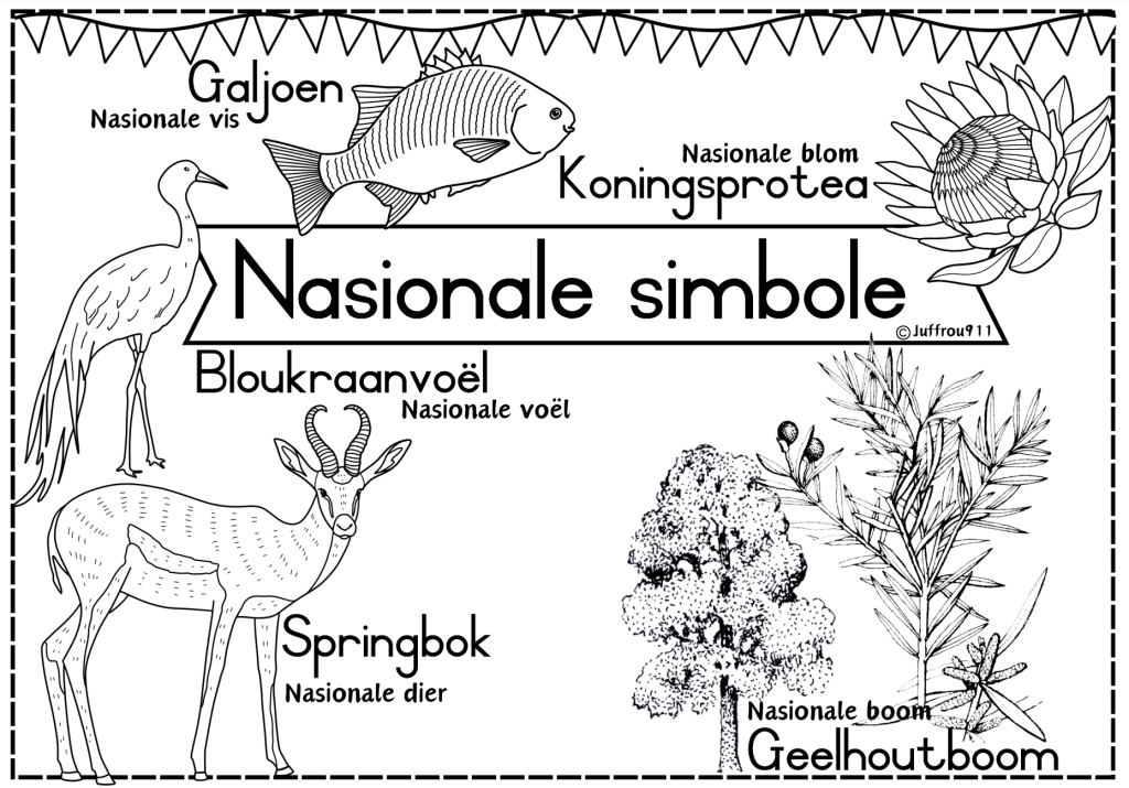 Suid-Afrika: Simbole, kultuur en landsvlag A4 (Swart en Wit) - Juffrou 911