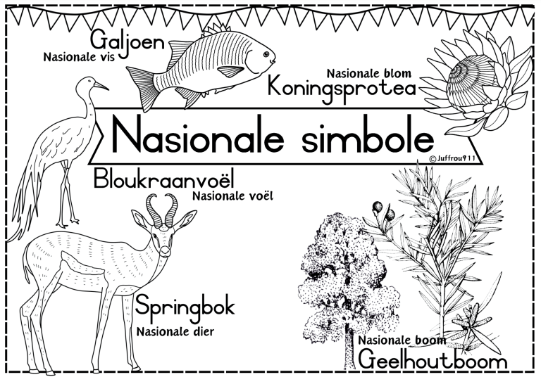 Suid-Afrika: Simbole, kultuur en landsvlag A4 (Swart en Wit) - Juffrou 911