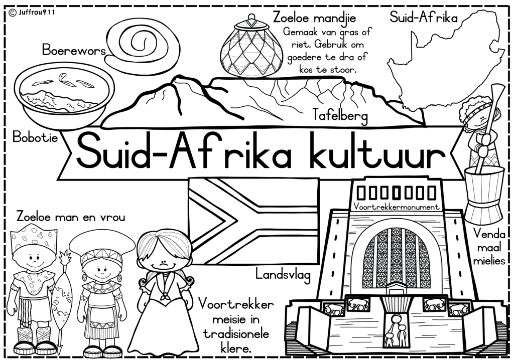 Suid-Afrika: Simbole, kultuur en landsvlag A4 (Swart en Wit) - Juffrou 911