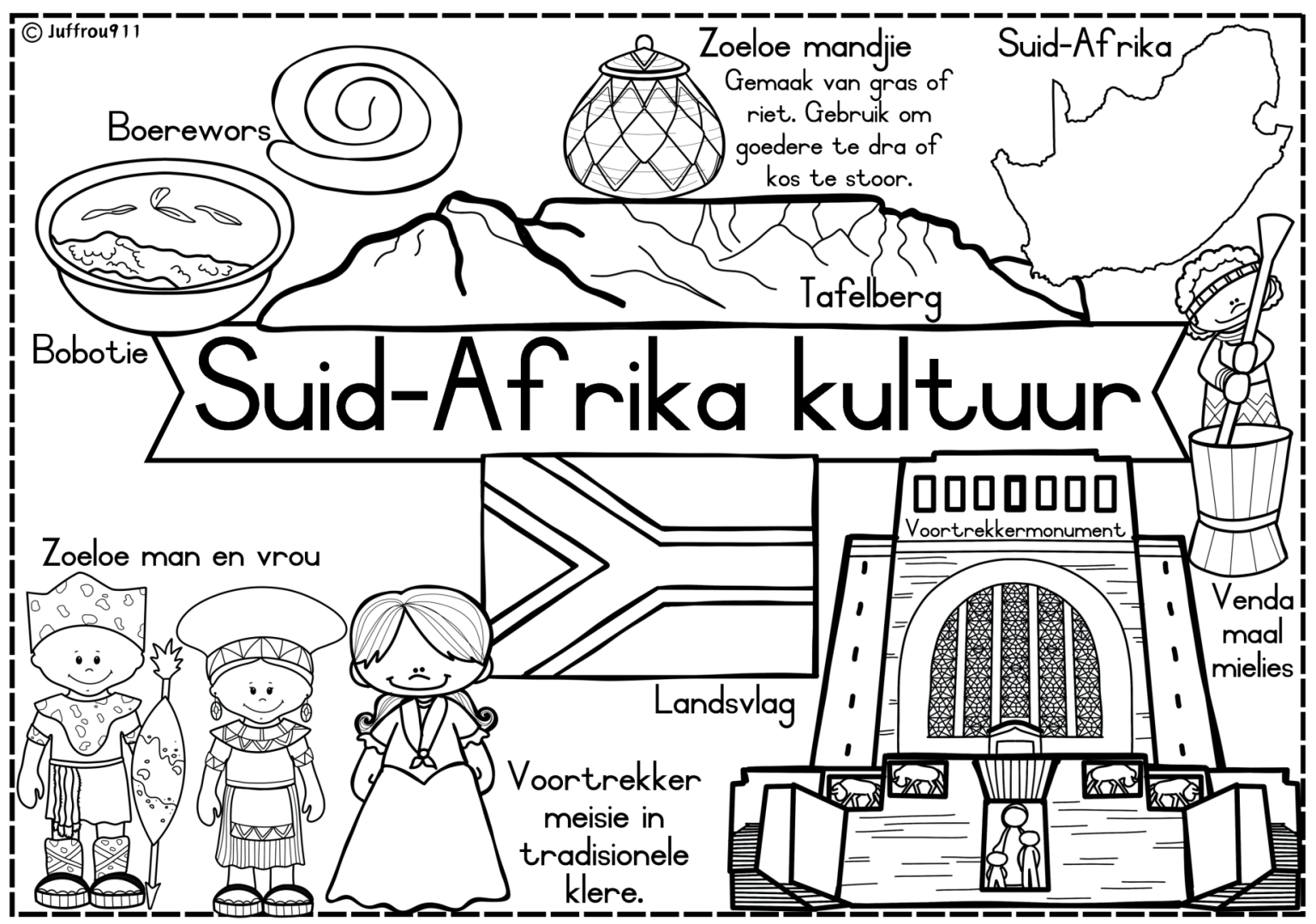 Suid-Afrika: Simbole, kultuur en landsvlag A4 (Swart en Wit) - Juffrou 911
