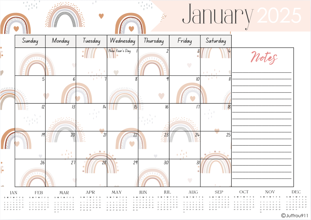 🎁 Boho Rainbow A3 desk calendar 2025 - Juffrou 911